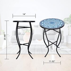 Vipush Outdoor Mosaic Side Table,14'' Round Small Patio Bistro Accent Table Indoor End Table Black Iron Plant Stand for Garden Yard Parch Balcony,Dark Blue