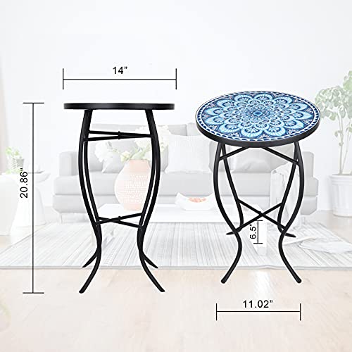 Vipush Outdoor Mosaic Side Table,14'' Round Small Patio Bistro Accent Table Indoor End Table Black Iron Plant Stand for Garden Yard Parch Balcony,Dark Blue