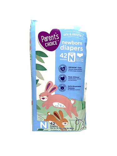 Parent’s Choice Dry & Gentle Newborn Diapers, Size Newborn, 42 Count, DRYNOW Core, Soft & Breathable Materials, Made Without Natural Latex, lotions or perfumes