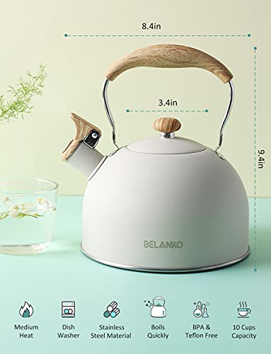 Tea Kettle, BELANKO 85 OZ / 2.5 Liter Whistling Tea Kettle Pots for Stove Top Food Grade Stainless Steel with Wood Pattern Folding Handle, Loud Whistle for Tea, Coffee, Milk - Milk White