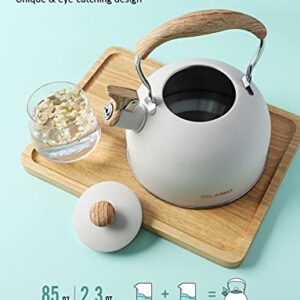 Tea Kettle, BELANKO 85 OZ / 2.5 Liter Whistling Tea Kettle Pots for Stove Top Food Grade Stainless Steel with Wood Pattern Folding Handle, Loud Whistle for Tea, Coffee, Milk - Milk White