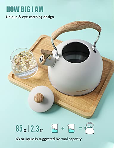 Tea Kettle, BELANKO 85 OZ / 2.5 Liter Whistling Tea Kettle Pots for Stove Top Food Grade Stainless Steel with Wood Pattern Folding Handle, Loud Whistle for Tea, Coffee, Milk - Milk White