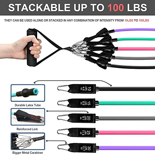 Exercise Resistance Bands Set for Women, Home Gym Fitness Workout Bands 11PCS with Fitness Tubes, Foam Handles, Ankle Straps, Door Anchor, Carrying Pouch for Yoga, Physical Therapy, Up to 100 lbs