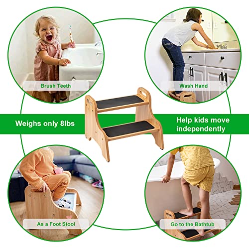 StrongTek Wooden 2 Step Stools for Kids, Toddler with Non-Slip Stepping Surface, Portable Stool with Handles for Bathroom Kitchen and Bedroom, 400 lbs Capacity (Natural)