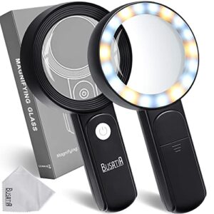 busatia magnifying glass 30x, 18led handheld magnifying glass with light, 4in large glass magnifier with 3 modes, illuminated magnifying glass for reading, hobbies - with a lens cloth(black)