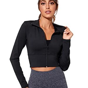 SOLY HUX Women's Lightweight Full Zip Athletic Long Sleeve Crop Running Workout Yoga Sportwear Jacket Black M