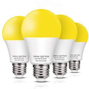 yellow led bug light bulbs outside, a19 led yellow bug bulb outdoor 60w equivalent, 9w yellow amber bug lights e26 base porch lights, non-dimmable led lighting for home, patio, deck, backyard, 4 pack