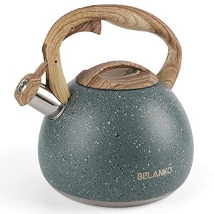 tea kettle, belanko 102 oz / 3 liter whistling tea kettle, tea pots for stove top food grade stainless steel with wood pattern handle, loud whistle kettle for tea, coffee, water, milk - black green