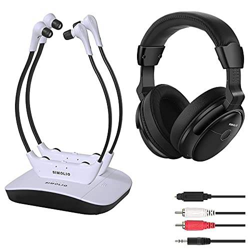 SIMOLIO Digital 2.4GHz Wireless TV Headphones with Spare Battery for Hearing Impaired and Seniors, Two Under-Chin Headset and One Over-Ear Headphone for Replacement,100 ft Work Range, No Audio Delay