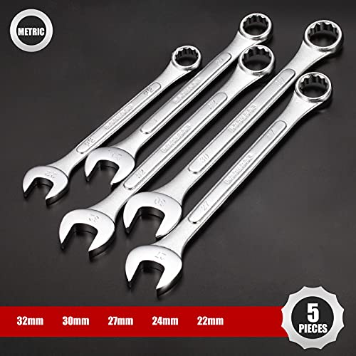 ROCHOOF Combination Wrench Set,5-Piece Metric Wrench Set 12-Point Chrome Vanadium Steel Wrenches 22-32mm with Rolling Pouch