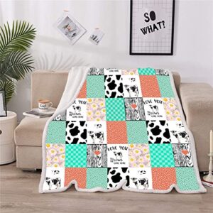 WGFAKJMO Cow Blanket Cute Cow Print Blanket Cow Beding Sherpa Fleece Throw Blanket Farm Animals Blanket Warm and Plush Cow Print Throw Blankets for Bed Sofa Travel Couch（Green，(50 x 60 in)）