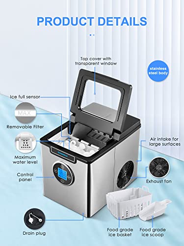 Ice Maker Machine Countertop, Portable Compact , 28lb 3 Cube Sizes in 24 Hours, 9 Ice Cubes in 5 Minutes, Programmable Timer Setting, with Ice Scoop and Basket for Home