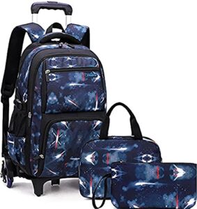 egchescebo 18" school kids rolling backpack for adults with wheels trolley wheeled backpacks for boys students travel bags adults with lunch box pencil bag 3pcs navy blue