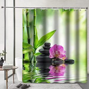 yeele meditation shower curtain, purple flower on black basalt zen stones spa bamboo reflection in water waterproof polyester spa bath curtain for bathroom decor 59.1x70.9inches