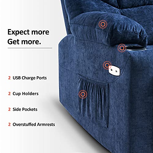 MCombo Power Lift Recliner Chair for Elderly People, 3 Positions, 2 Side Pockets and Cup Holders, USB Ports, Fabric 7286 (Navy Blue)