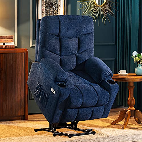 MCombo Power Lift Recliner Chair for Elderly People, 3 Positions, 2 Side Pockets and Cup Holders, USB Ports, Fabric 7286 (Navy Blue)