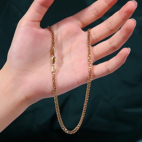 Fiusem 3.5mm Gold Plated Chain for Men, Diamond Cut Stainless Steel Cuban Chain, Miami Cuban Link Gold Chain Necklace for Women Men, Mens Chain 20 Inch