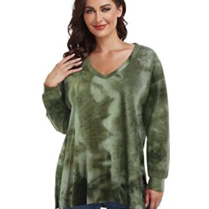 LARACE Tie Dye Sweatshirts for Women Plus Size Tops V Neck Side Split Shirt Casual Long Sleeve Pullover Tee(E-Olive 2X)