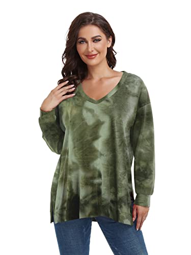 LARACE Tie Dye Sweatshirts for Women Plus Size Tops V Neck Side Split Shirt Casual Long Sleeve Pullover Tee(E-Olive 2X)