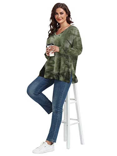 LARACE Tie Dye Sweatshirts for Women Plus Size Tops V Neck Side Split Shirt Casual Long Sleeve Pullover Tee(E-Olive 2X)