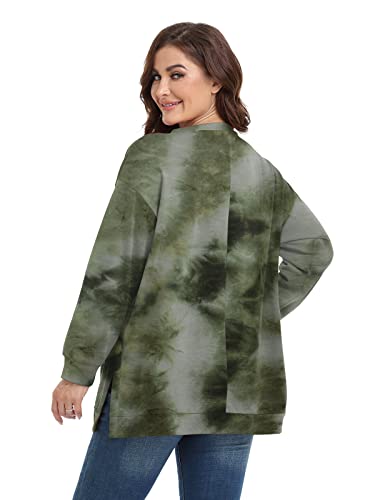 LARACE Tie Dye Sweatshirts for Women Plus Size Tops V Neck Side Split Shirt Casual Long Sleeve Pullover Tee(E-Olive 2X)