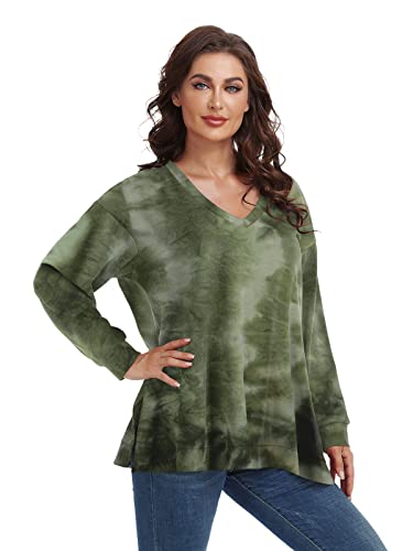 LARACE Tie Dye Sweatshirts for Women Plus Size Tops V Neck Side Split Shirt Casual Long Sleeve Pullover Tee(E-Olive 2X)