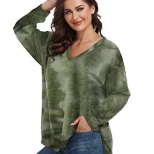 LARACE Tie Dye Sweatshirts for Women Plus Size Tops V Neck Side Split Shirt Casual Long Sleeve Pullover Tee(E-Olive 2X)