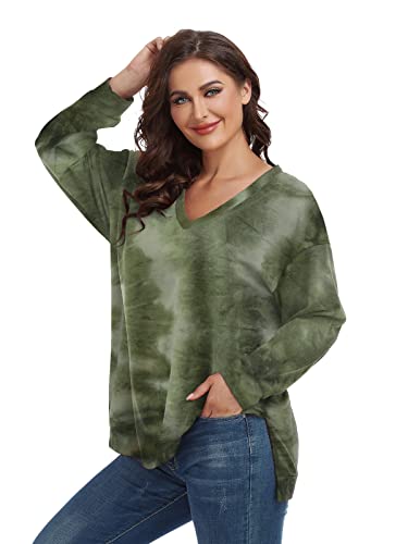 LARACE Tie Dye Sweatshirts for Women Plus Size Tops V Neck Side Split Shirt Casual Long Sleeve Pullover Tee(E-Olive 2X)