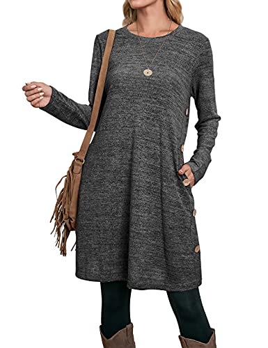 OFEEFAN Long Sleeve Dress Tunics for Women to Wear with Leggings Dark Grey L