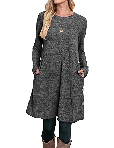 OFEEFAN Long Sleeve Dress Tunics for Women to Wear with Leggings Dark Grey L