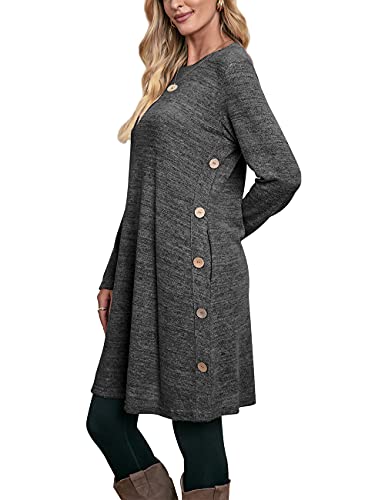 OFEEFAN Long Sleeve Dress Tunics for Women to Wear with Leggings Dark Grey L