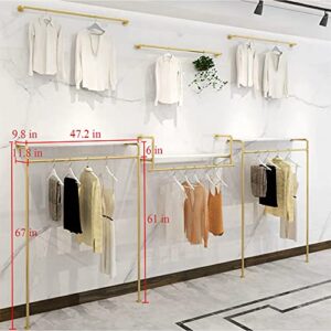 MDEPYCO Modern Simple Industrial Pipe Hanging Rods Clothing Rack,Retail Display Wall Mounted Storage Clothes Hanging Shelf, Wood Garment Rack (Gold, 47.2" L)