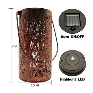 MaoTopCom 2-Pack Solar Lanterns Outdoor Hanging Lights, Waterproof Decorative Metal Cylindrical Hollow Tree Branches Shape Warm White LED Solar Lights Retro Table Lamp for Garden Yard Patio, Bronze