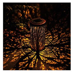 MaoTopCom 2-Pack Solar Lanterns Outdoor Hanging Lights, Waterproof Decorative Metal Cylindrical Hollow Tree Branches Shape Warm White LED Solar Lights Retro Table Lamp for Garden Yard Patio, Bronze