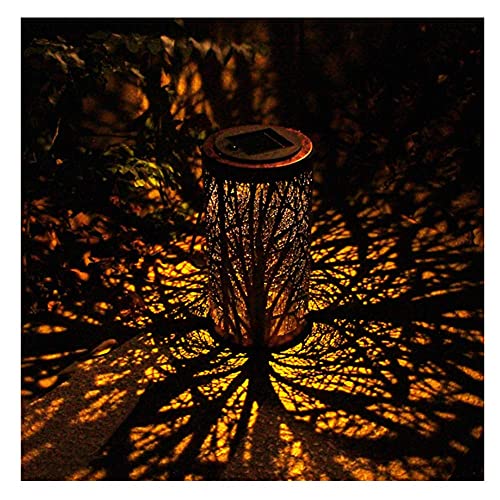 MaoTopCom 2-Pack Solar Lanterns Outdoor Hanging Lights, Waterproof Decorative Metal Cylindrical Hollow Tree Branches Shape Warm White LED Solar Lights Retro Table Lamp for Garden Yard Patio, Bronze