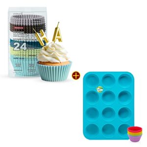 katbite silicone cupcake baking cups 24 pack & katbite silicone muffin pan 12 cups (blue)