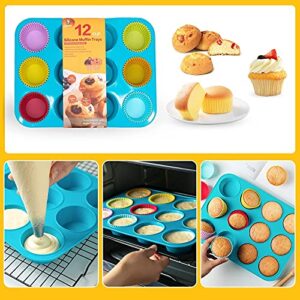 Katbite Silicone Cupcake Baking Cups 24 Pack & Katbite Silicone Muffin Pan 12 Cups (Blue)