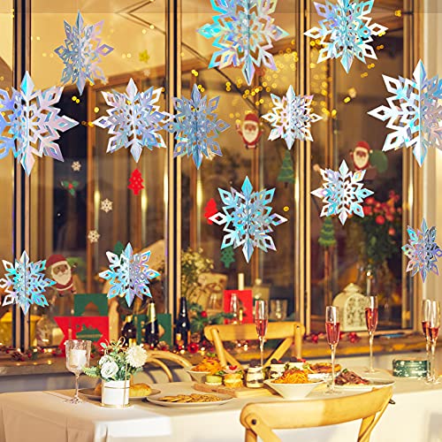 OuMuaMua 15pcs Winter Christmas Hanging Snowflake Decorations, 3D Holographic Snowflakes for Christmas Winter Wonderland Decorations Frozen Birthday New Year Party Home Decorations