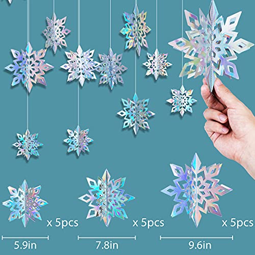 OuMuaMua 15pcs Winter Christmas Hanging Snowflake Decorations, 3D Holographic Snowflakes for Christmas Winter Wonderland Decorations Frozen Birthday New Year Party Home Decorations