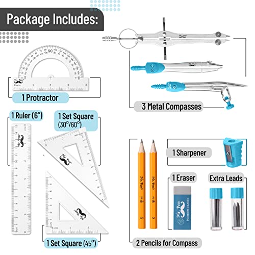 Mr. Pen- Geometry Set, 13 pcs, Compass for Geometry, Protractor Set, Geometry Kit Set with Shatterproof Storage Box, Geometry Kit, Drawing Tools, Drafting Set, Drafting Tools & Drafting Kits (Blue)