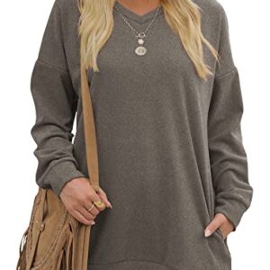 Sweatshirts for Women Long Sleeve V Neck Loose Tops Grey Coffee M