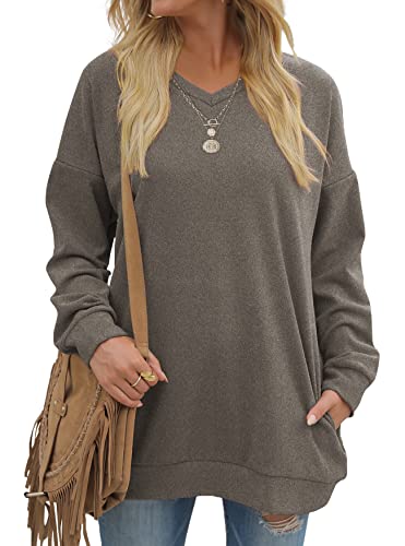 Sweatshirts for Women Long Sleeve V Neck Loose Tops Grey Coffee M