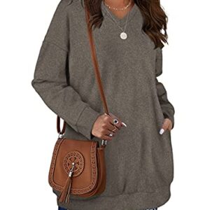 Sweatshirts for Women Long Sleeve V Neck Loose Tops Grey Coffee M