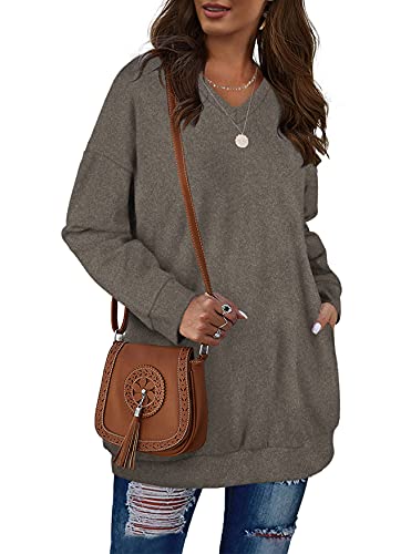 Sweatshirts for Women Long Sleeve V Neck Loose Tops Grey Coffee M