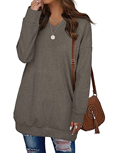 Sweatshirts for Women Long Sleeve V Neck Loose Tops Grey Coffee M