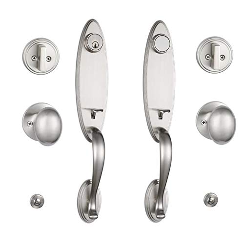 NB_Hardware 2PACK Double Door Lockset Entry Modern Handleset with Oval Knob Door Handle Satin Nickel Finish Reversible for Right and Left Handed(2 Pack(Keyed & Dummy Lockset))