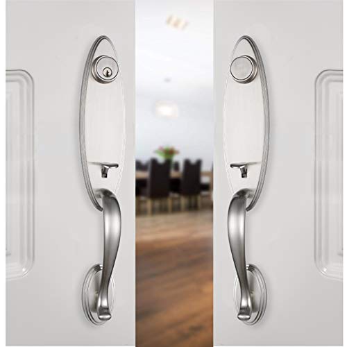 NB_Hardware 2PACK Double Door Lockset Entry Modern Handleset with Oval Knob Door Handle Satin Nickel Finish Reversible for Right and Left Handed(2 Pack(Keyed & Dummy Lockset))