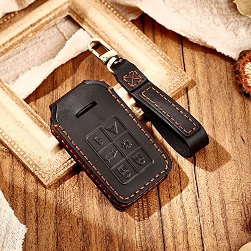 SANRILY Leather Key Fob Cover for Volvo XC60 S60 S80 V40 V60 V70 XC70 Keyless Entry 6 Button Remote Key Case Shell Black