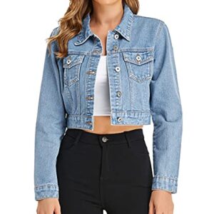 PEIQI Women’s Cropped Jean Denim Jacket Button Down Long Sleeve with Pockets Light Blue Medium