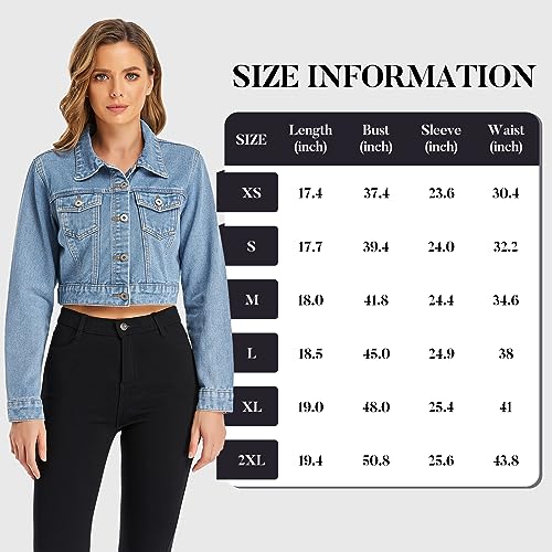 PEIQI Women’s Cropped Jean Denim Jacket Button Down Long Sleeve with Pockets Light Blue Medium